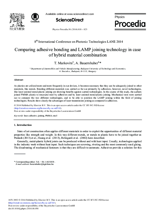 (PDF) Comparing Adhesive Bonding and LAMP Joining Technology in Case of ...
