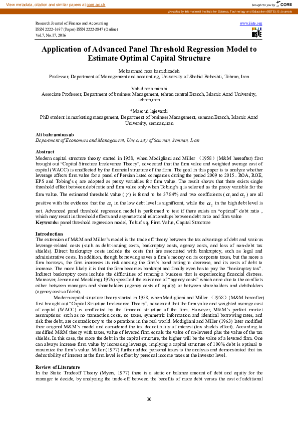 Pdf Application Of Advanced Panel Threshold Regression Model To