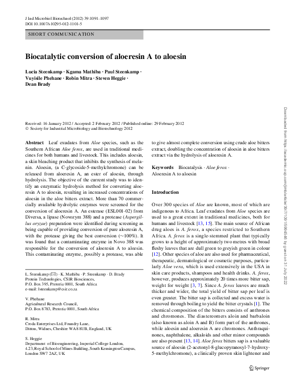 (PDF) Biocatalytic conversion of aloeresin A to aloesin