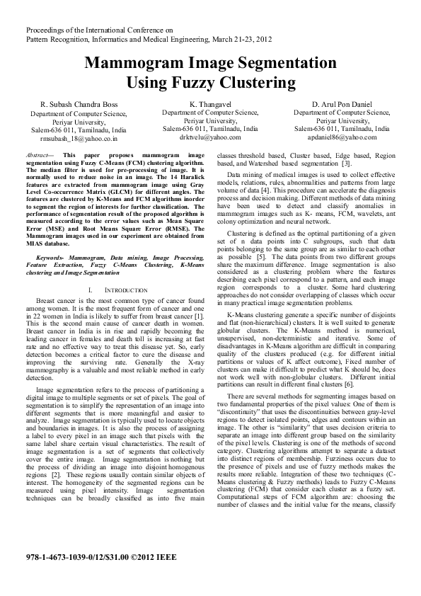 Pdf Fuzzy Clustering For Mammogram Segmentation