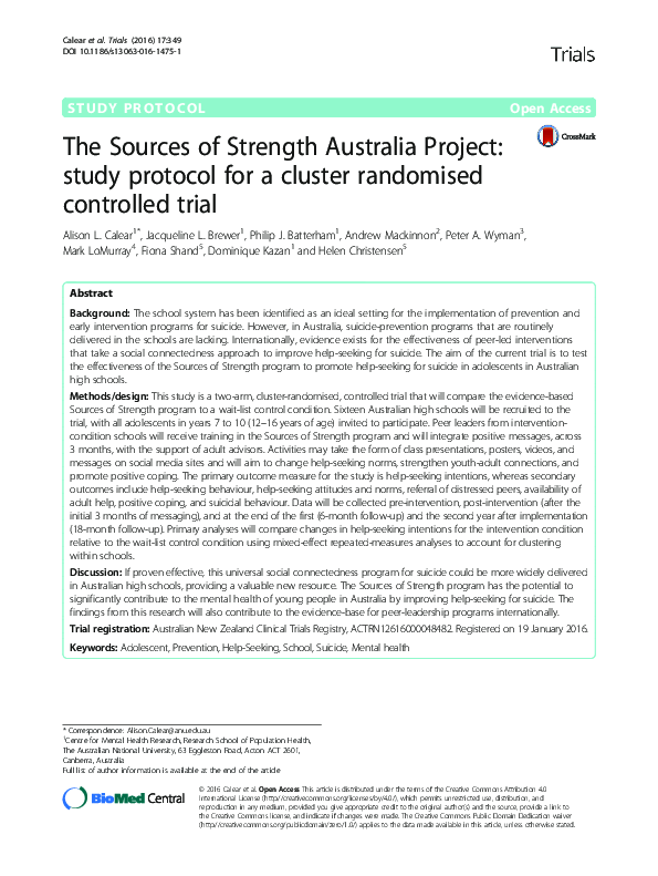 (PDF) The Sources of Strength Australia Project: study protocol for a cluster randomised ...