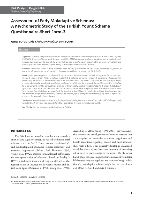 (PDF) [Assessment of early maladaptive schemas: a psychometric study of the Turkish young schema ...