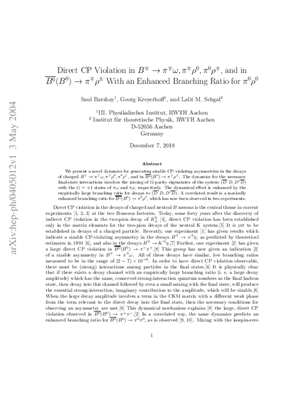 (PDF) Direct CP violation in B∓→π∓ω, π∓ρ0, π0ρ∓, and in with an ...