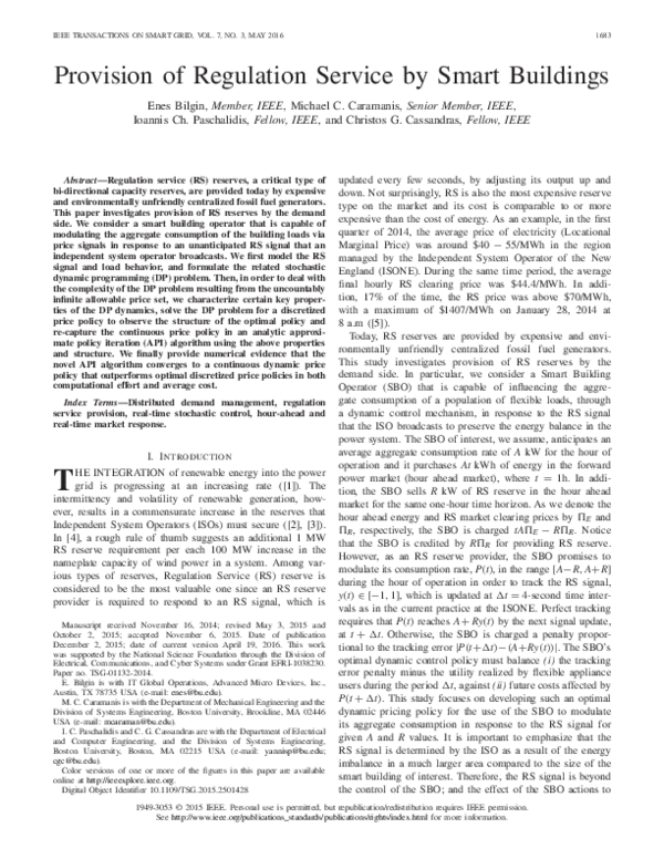 (PDF) Provision of Regulation Service by Smart Buildings