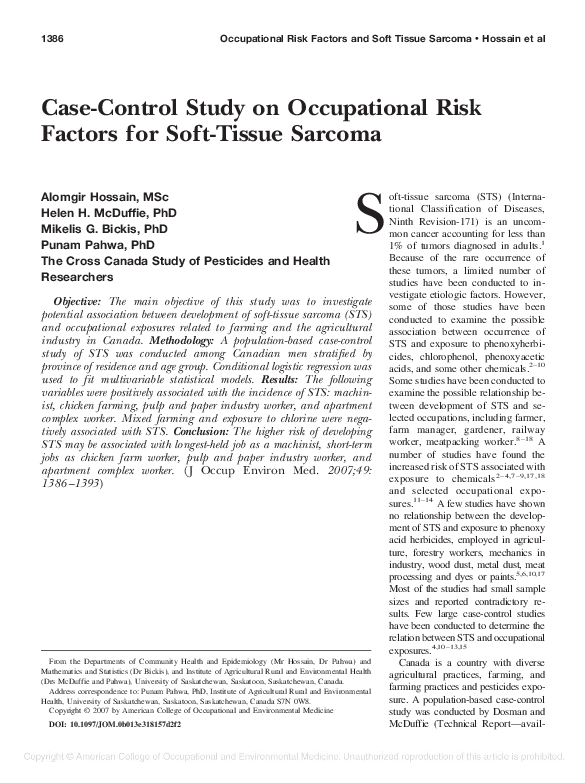(PDF) Case-Control Study on Occupational Risk Factors for Soft-Tissue Sarcoma