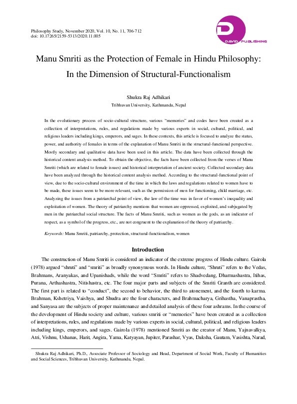 (PDF) Manu Smriti as the Protection of Female in Hindu Philosophy: In ...