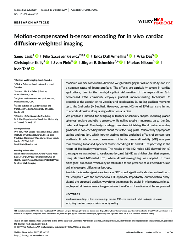 (PDF) Motion‐compensated b‐tensor encoding for in vivo cardiac diffusion‐weighted imaging