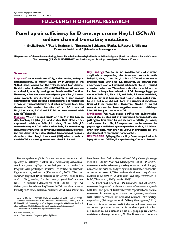 (PDF) Pure haploinsufficiency for Dravet syndrome NaV1.1 (SCN1A) sodium ...
