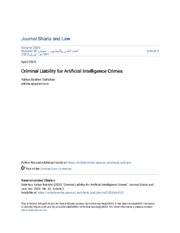 (PDF) Criminal Liability for Artificial Intelligence Crimes