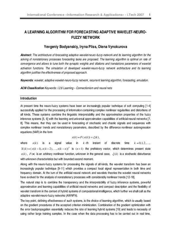 Pdf A Learning Algorithm For Forecasting Adaptive Wavelet Neuro Fuzzy