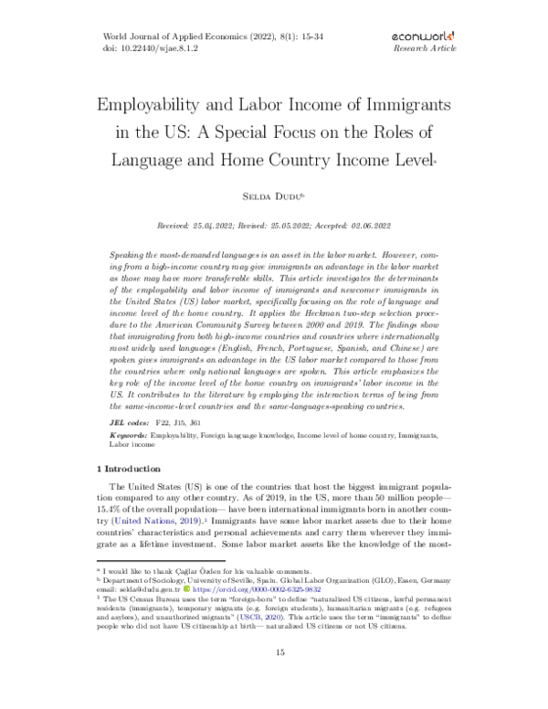 (PDF) Employability and Labor Income of Immigrants in the US: A Special ...