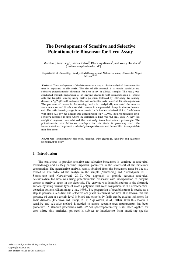 Pdf The Development Of Sensitive And Selective Potentiometric Biosensor For Urea Assay Wesly