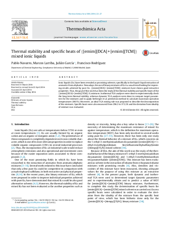 (PDF) Thermal stability and specific heats of {[emim][DCA]+[emim][TCM ...