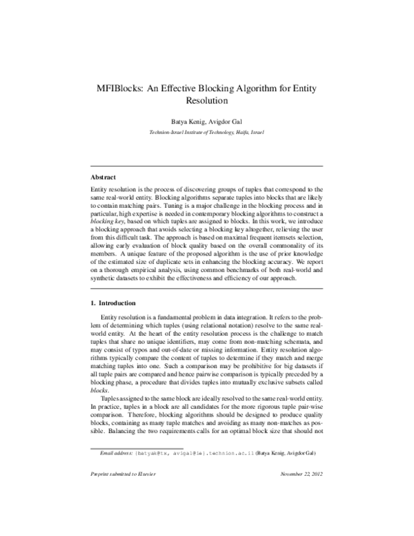 Pdf Mfiblocks An Effective Blocking Algorithm For Entity Resolution