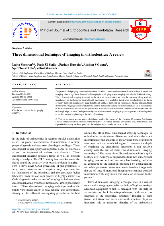 (PDF) Three dimensional technique of imaging in orthodontics: A review