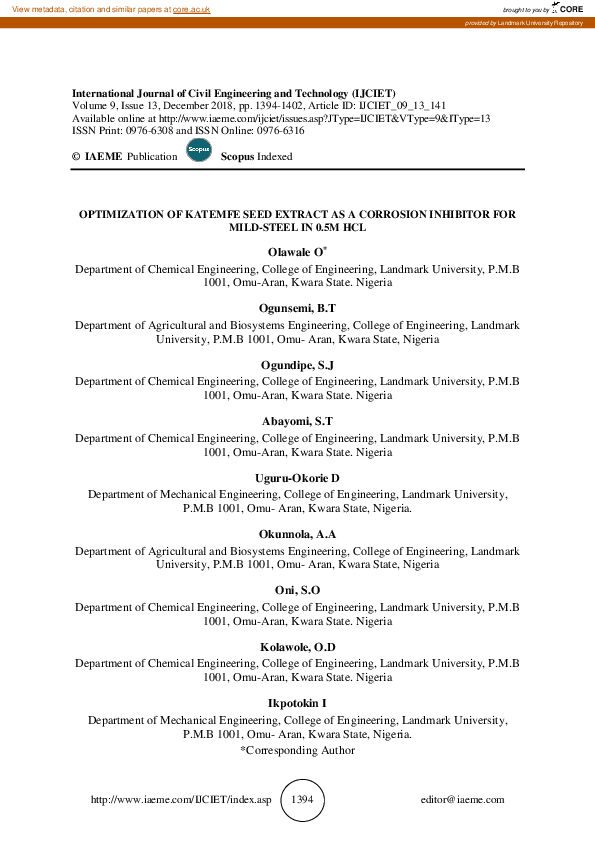 (PDF) Optimization of Katemfe Seed Extract as A Corrosion Inhibitor for ...