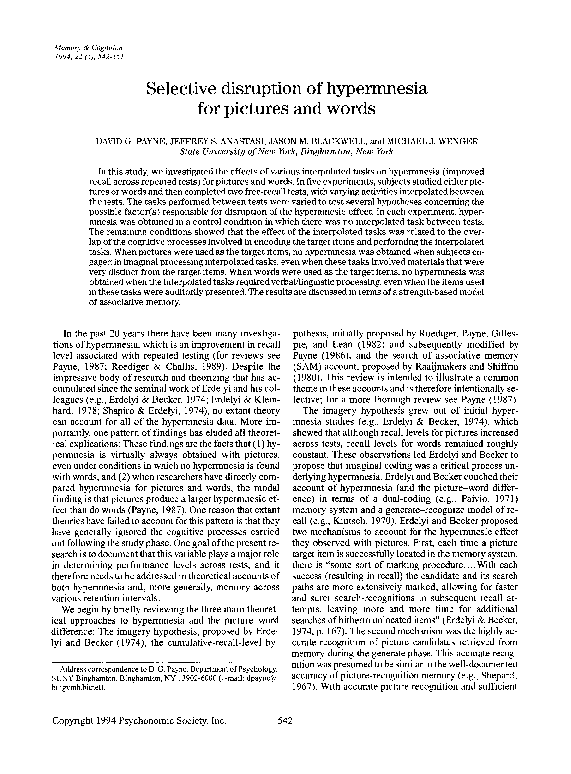 (PDF) Selective disruption of hypermnesia for pictures and words