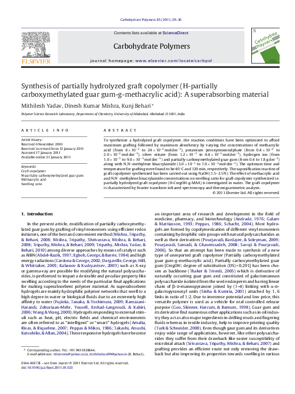 Pdf Synthesis Of Partially Hydrolyzed Graft Copolymer H Partially Carboxymethylated Guar Gum