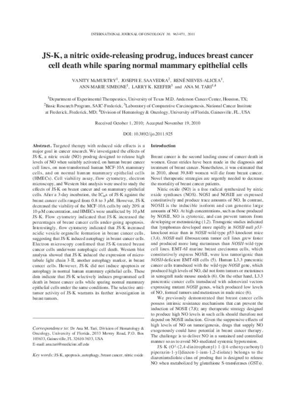 (PDF) JS-K, a nitric oxide-releasing prodrug, induces breast cancer ...