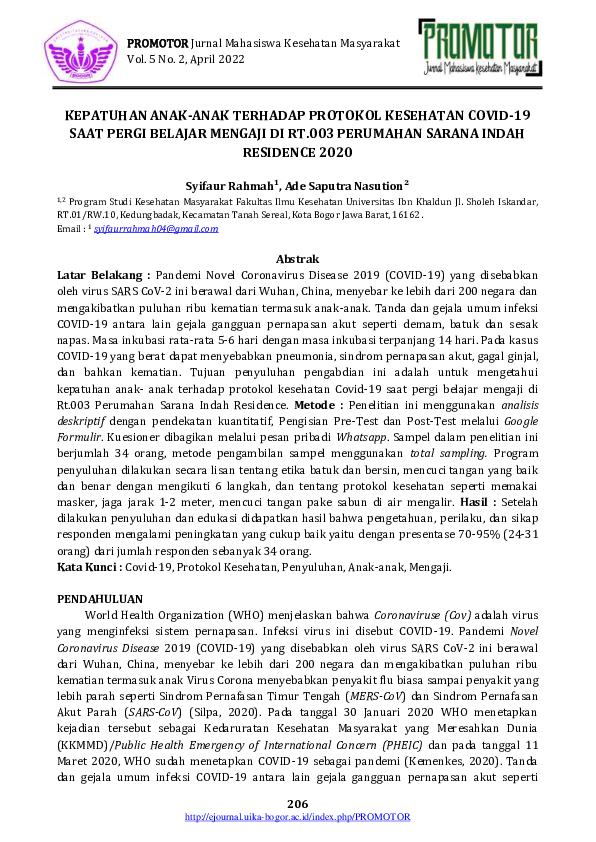 (PDF) Kepatuhan Anak-Anak Terhadap Protokol Kesehatan COVID-19 Saat Pergi Belajar Mengaji DI RT ...