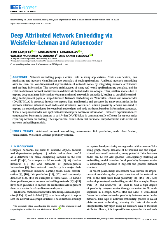 Pdf Deep Attributed Network Embedding Via Weisfeiler Lehman And Autoencoder