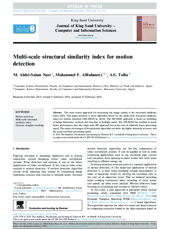 Pdf Multi Scale Structural Similarity Index For Motion Detection Mohammed Alrahmawy