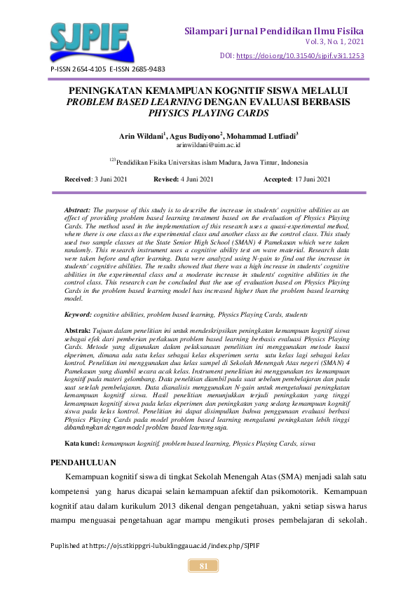 (PDF) Peningkatan Kemampuan Kognitif Siswa melalui Problem Based Learning dengan Evaluasi ...