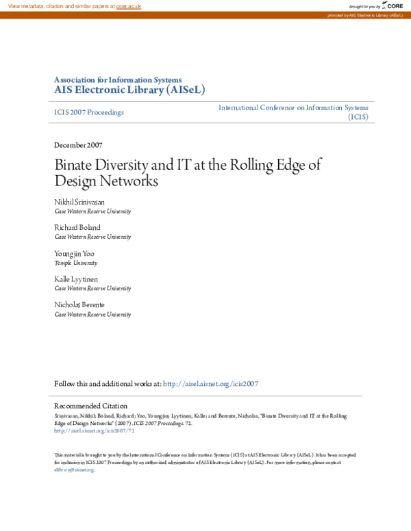 (PDF) Binate Diversity and IT at the Rolling Edge of Design Networks