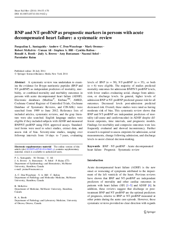 (PDF) BNP and NT-proBNP as prognostic markers in persons with acute ...