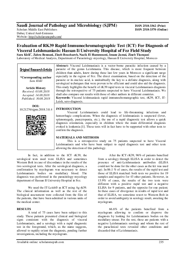 (PDF) Evaluation of RK39 Rapid Immunochromatographic Test (ICT) For ...