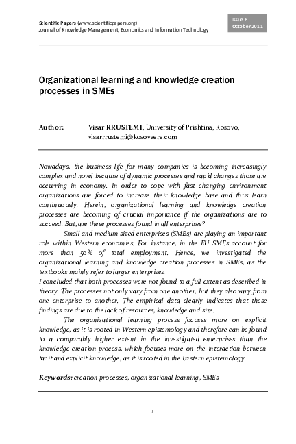 (PDF) Organizational learning and knowledge creation processes in SMEs | Visar Rrustemi ...