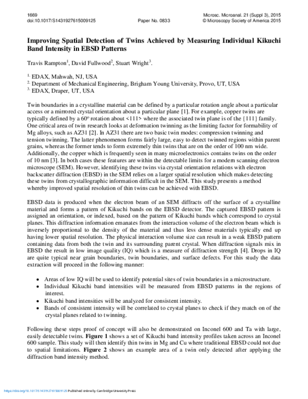 (PDF) Improving Spatial Detection of Twins Achieved by Measuring Individual Kikuchi Band ...