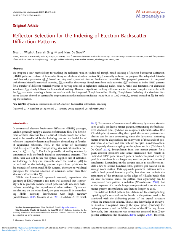 (PDF) Reflector Selection for the Indexing of Electron Backscatter Diffraction Patterns | Stuart ...