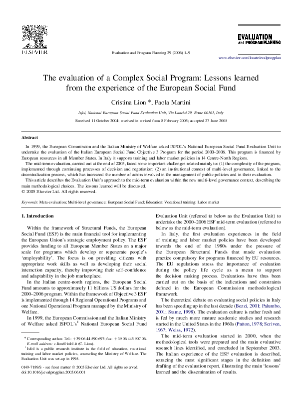 (PDF) The evaluation of a Complex Social Program: Lessons learned from ...