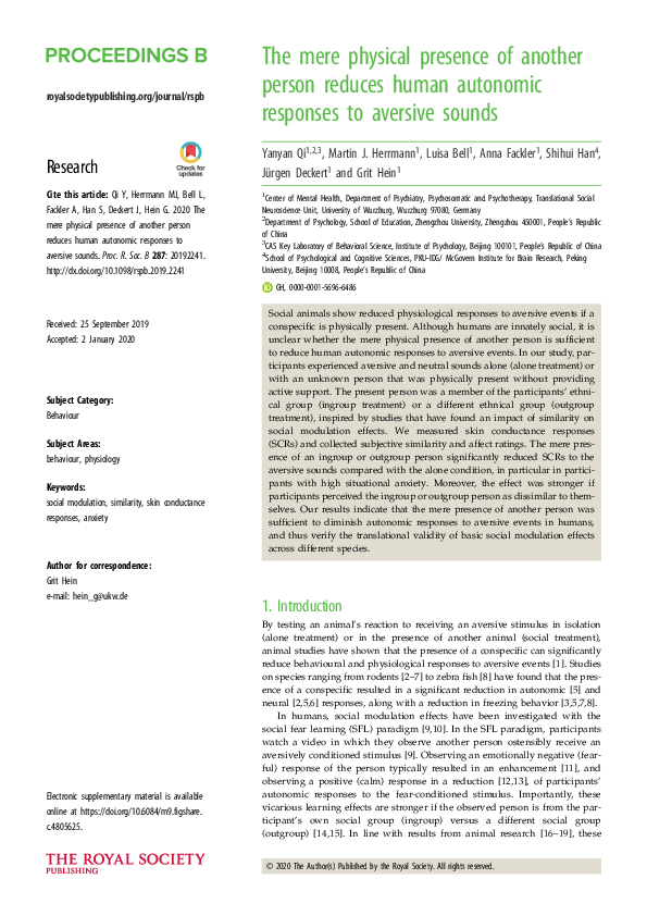 (PDF) The mere physical presence of another person reduces human ...