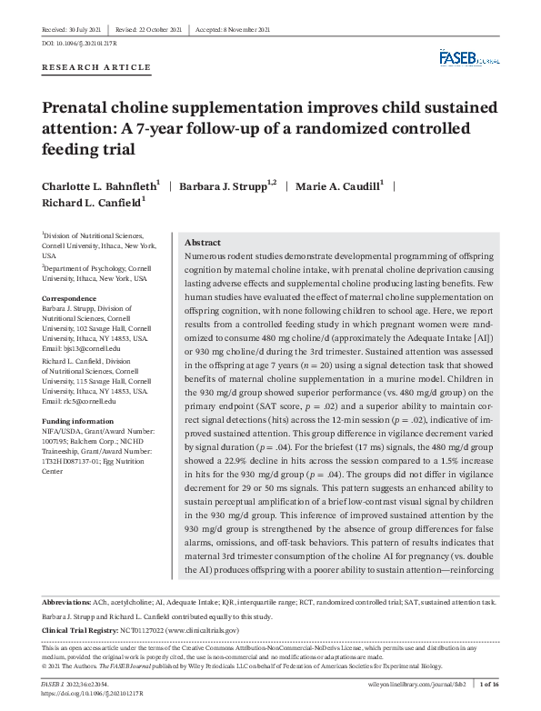 (PDF) Prenatal choline supplementation improves child sustained ...