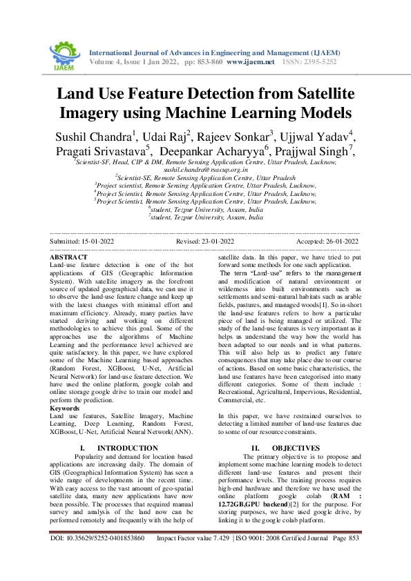 Pdf Land Use Feature Detection From Satellite Imagery Using Machine Learning Models