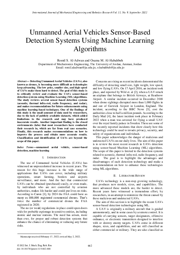(PDF) Unmanned Aerial Vehicles Sensor-Based Detection Systems Using Machine Learning Algorithms