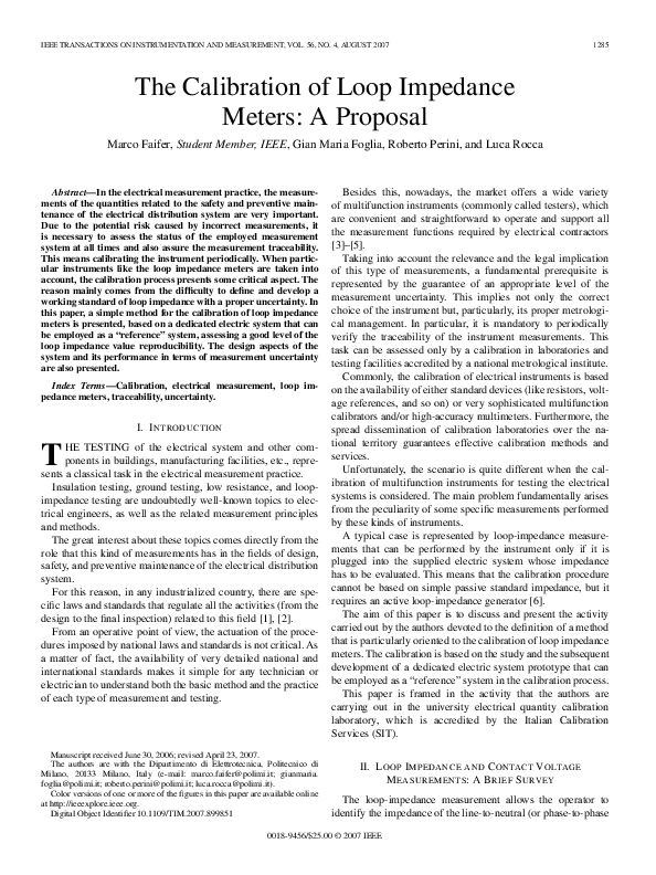 (PDF) The Calibration of Loop Impedance Meters: A Proposal