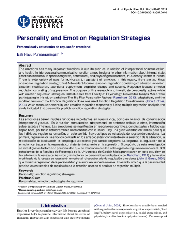 (PDF) Personality and emotion regulation strategies