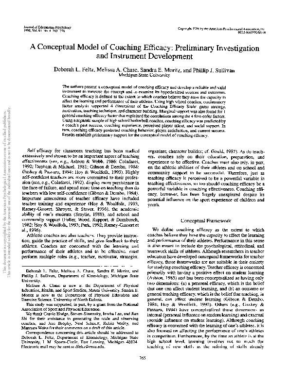 (PDF) A conceptual model of coaching efficacy: Preliminary investigation and instrument development