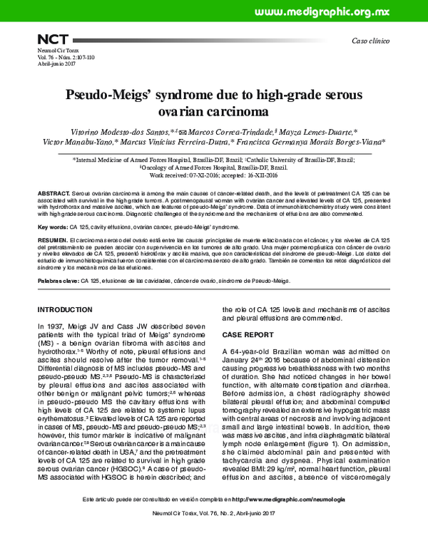 (PDF) Pseudo-Meigs’ syndrome due to high-grade serous ovarian carcinoma ...