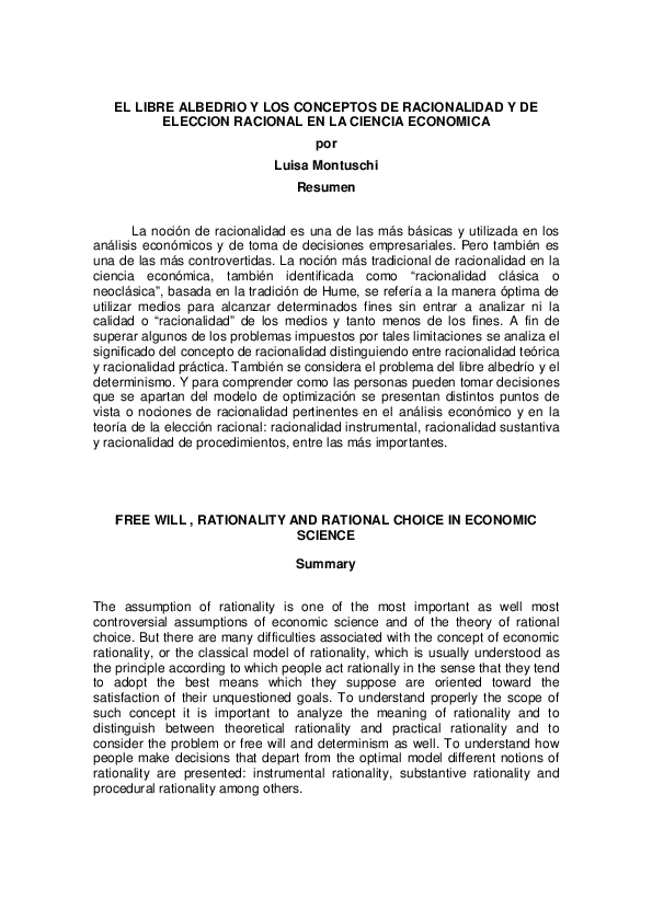 (PDF) El libre albedr o y los conceptos de racionalidad y de elecci n racional en la ciencia ...