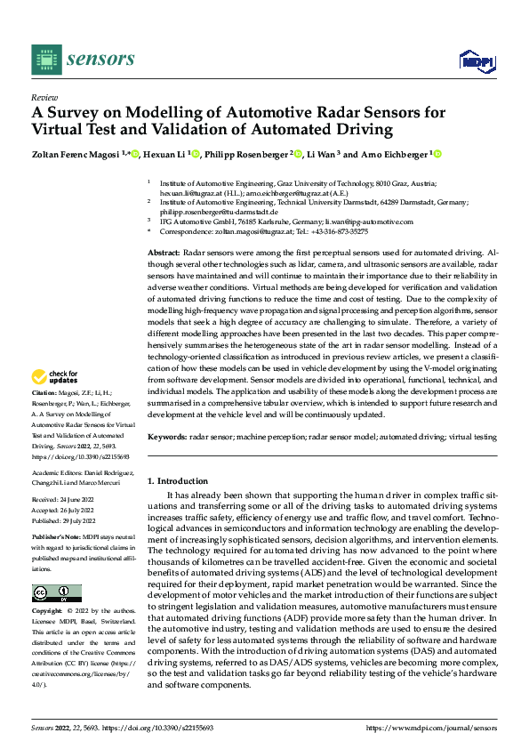Pdf A Survey On Modelling Of Automotive Radar Sensors For Virtual Test And Validation Of