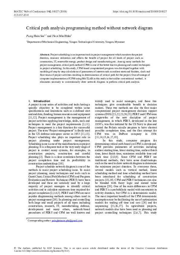 Pdf Critical Path Analysis Programming Method Without Network Diagram