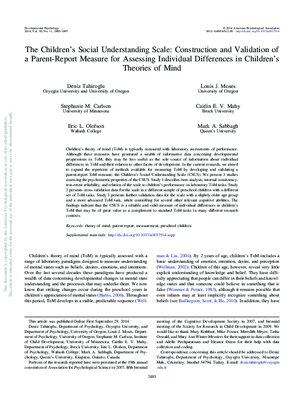 (PDF) The Children’s Social Understanding Scale: Construction and validation of a parent-report ...