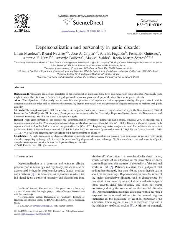 (PDF) Depersonalization and personality in panic disorder