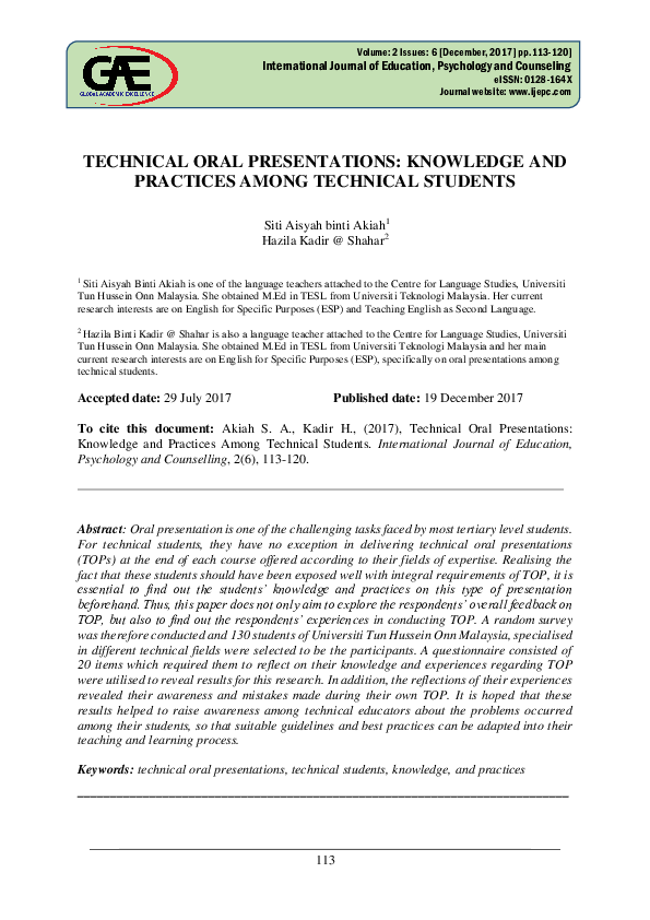 (PDF) Technical oral presentations: knowledge and practices among ...
