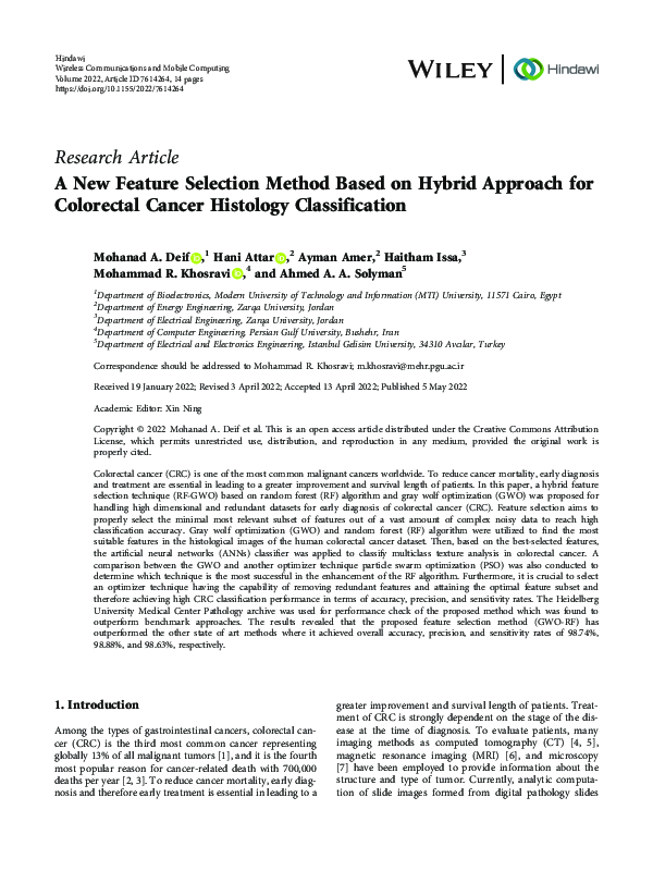 Pdf A New Feature Selection Method Based On Hybrid Approach For Colorectal Cancer Histology