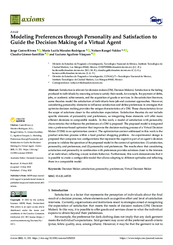 (PDF) Modeling Preferences through Personality and Satisfaction to Guide the Decision Making of ...